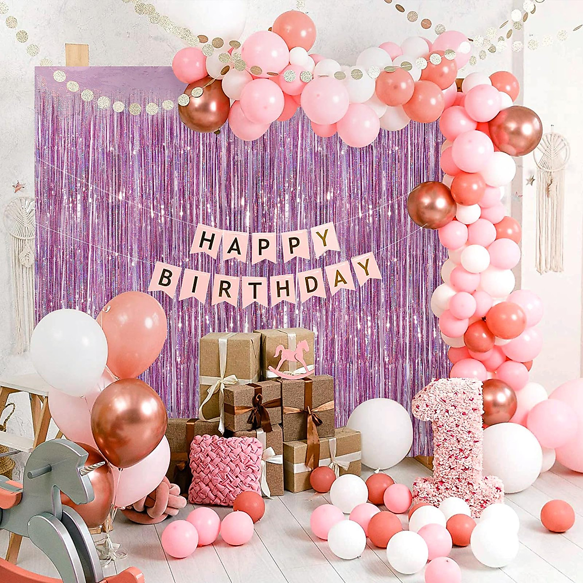 Glitter Pink Party Streamers 2Pack Glitter Foil Fringe Curtain 3.3 x 8.3ft Pink Party Decor Photo Booth Streamers Metallic Tinsel Door Streamer for XmasThanksgiving Engagement Party Decors Streamers