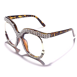Rmerom Blue Light Blocking Oversized Glasses Stylish Fake Round Eyeglasses for Women UV400 Protection Eyewear GVA9051 (Leopard/Anti-blue/W Diamond)