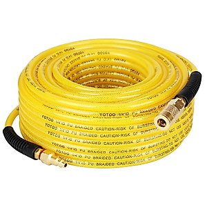 YOTOO Reinforced Polyurethane Air Hose 1/4" Inner Diameter by 100' Long, Flexible, Heavy Duty Air Compressor Hose with Bend Restrictor, 1/4" Swivel Industrial Quick Coupler and Plug, Yellow