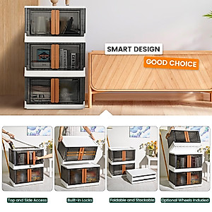 TRZZ 19Gal Closet Organizers and Storage, Collapsible Storage Bin with Lid for Dorm Room, Trunk Car Organizer, Stackable Cabinet Storage, Plastic Bins with Wheels, Folding Storage Box for Home, 3Pack