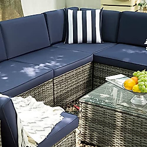 Devoko 7 Pieces Wicker Patio Furniture Set Rattan Outdoor Furniture Sectional Sofa Backyard Furniture Outdoor Couch with Updated Metal Feet (Blue)