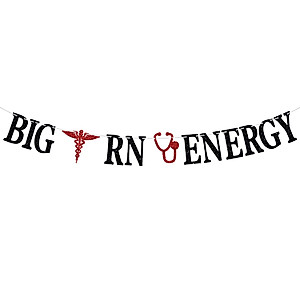 Big RN Energy Banner, Congrats Nurse Bunting Sign, Class of 2024 Nursing School Survivor Graduation Party Decoration Supplies, Black and Red Glitter