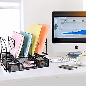 Spacrea Desk Organizers and Accessories, File Folder Holders Desktop Organization with 5 Upright Sections & Drawer, Great for Workspace College Dorm Home Office（Black）