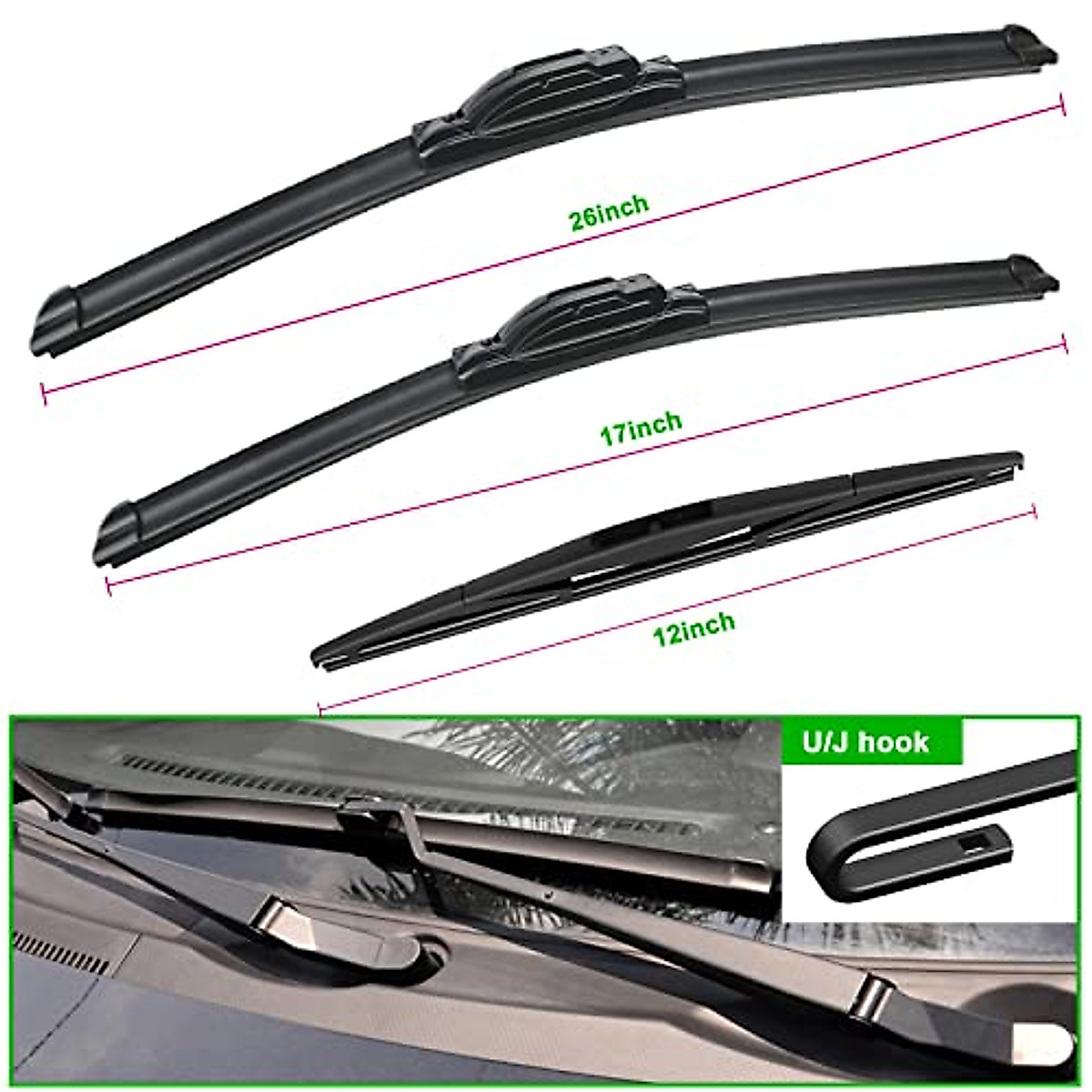3 wipers Replacement for 2017-2021 Honda CRV CR-V, Windshield Wiper Blades Original Equipment Replacement - 26"/17"/12" (Set of 3) U/J HOOK