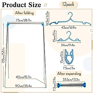 Gerrii Portable Garment Rack and 12 Small Foldable Clothes Hangers Folding Clothes Rack Travel Collapsible Clothing Rack for Indoor Outdoor Drying Laundry Dance Costume Bag Suitcase Camping (Blue)