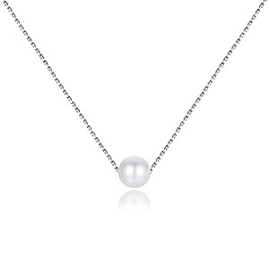 LUCKMORA Single Pearl Necklace for Women 925 Sterling Silver Freshwater Cultured 6.5mm - 7mm Pearls Choker Genuine Floating Pearls Necklaces Real Round White