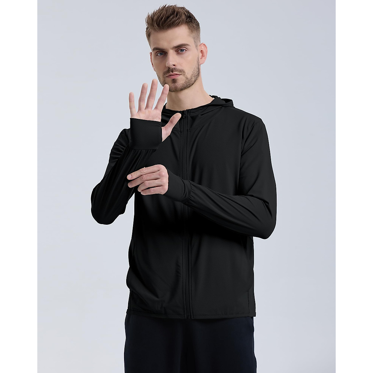 Locachy Men's UPF 50+ Sun Protection Outdoor Lightweight Full Zip Hoodie Jacket Long Sleeve Fishing Hiking Performance Shirt Black XXL