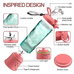 Portable Blender, BPA Free Personal Blender with Waterproof USB, Shakes and Smoothies with 6 Blades Mini Blender 20oz for Kitchen,Home,Baby,Travel