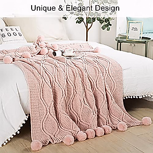 Chunky Knit Blanket with pom poms- Thick, Soft, Big, Cozy Throw Blankets for Couch, Bed, Sofa, Chair-50×60 Inches,Pink