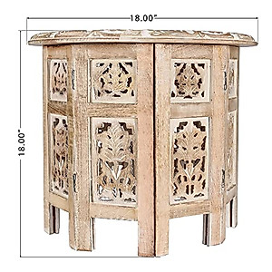 Solid Wood Hand Carved Accent Table, Side Table, entryway Table, Wooden end Table, Bedside Table, Octagonal Wooden Table - 18 Inch Round Top x 18 Inch High - White Wash