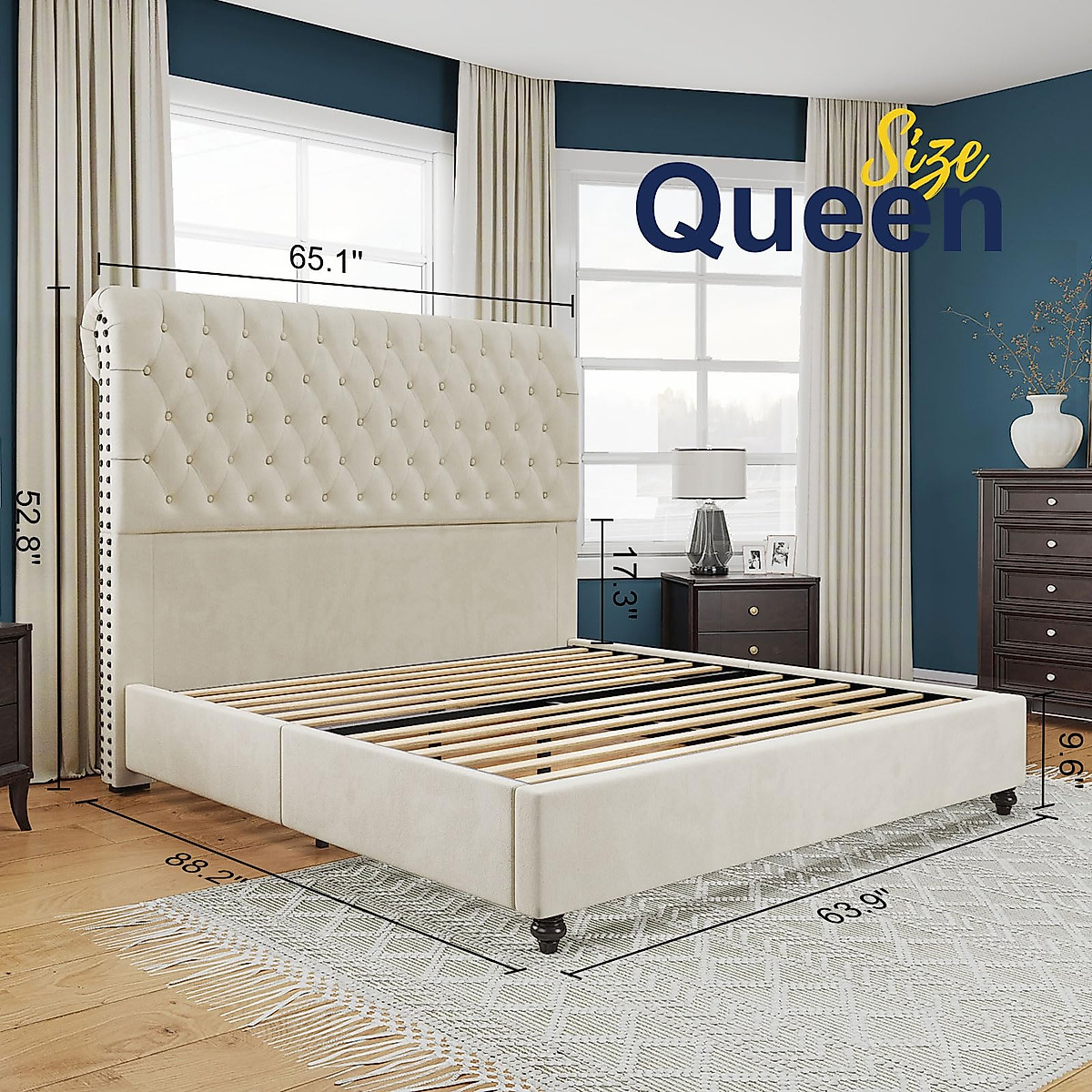 Jocisland Upholstered Bed Frame Queen Velvet Tufted Sleigh Headboard Cream