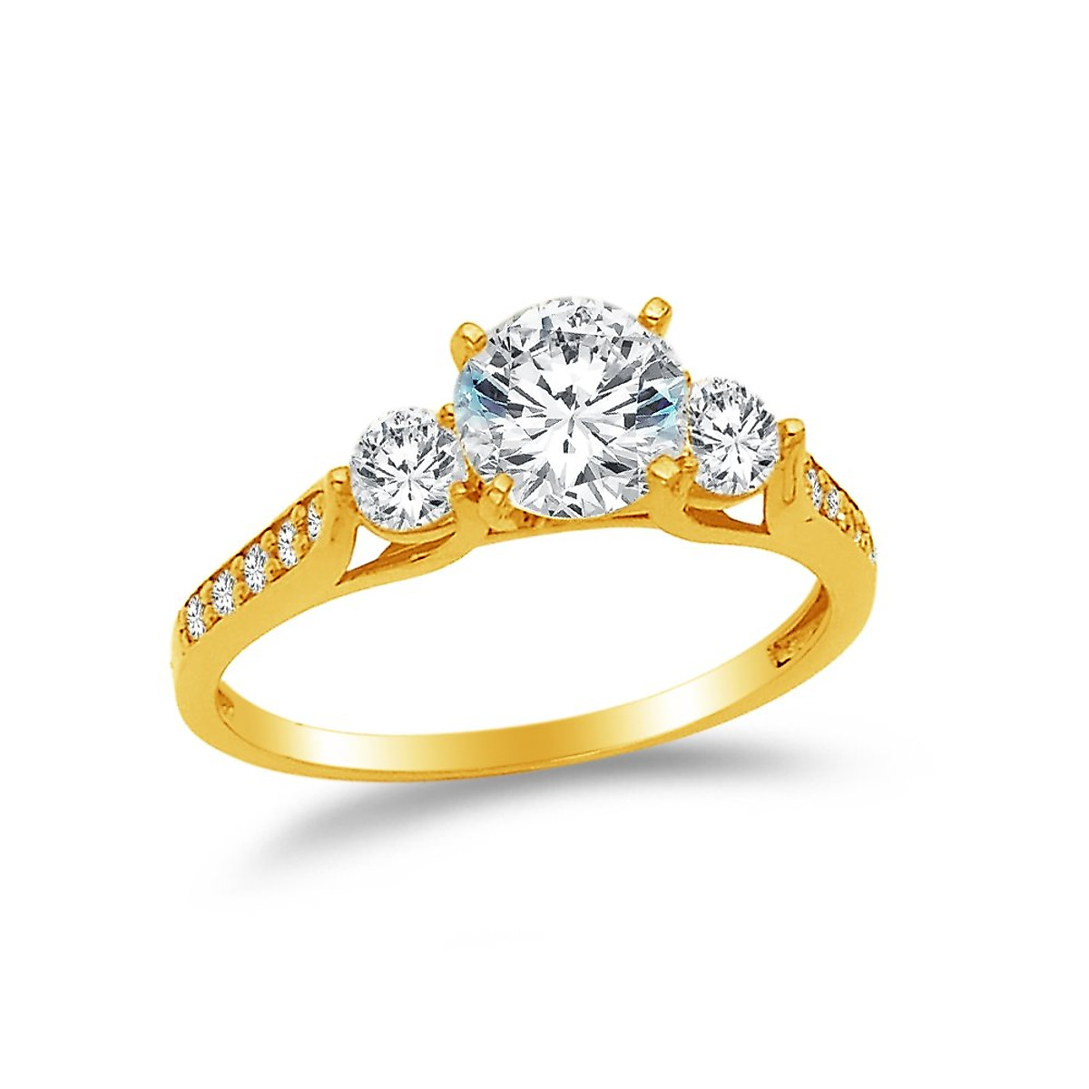 Size - 5 - Solid 14k Yellow Gold CZ Cubic Zirconia Round Cut Three 3 Stone Wedding Engagement Ring (1.5 ct.)