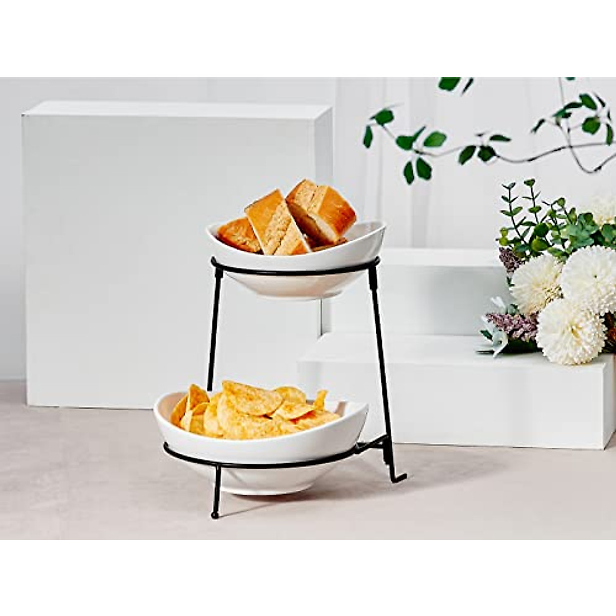 ONEMORE Tiered Serving Stand - 2 Tier Ceramic Chip and Dip Bowls with Collapsible Food Display Stand - Perfect for Parties, Buffets and Entertaining - White