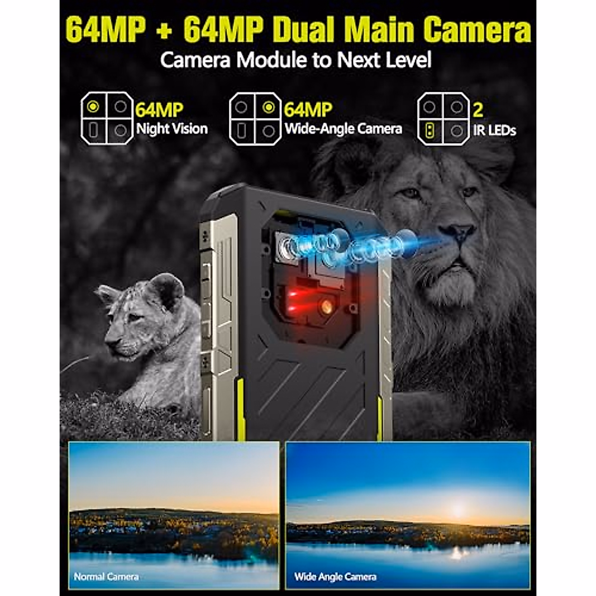 Ulefone Armor 22 Rugged Cell Phone Android 14, Up to 16+128GB, 64MP Night Vision Camera, 64MP Wide-Angle Camera, 6600mAh, 120Hz Display, NFC/GPS, 4G LTE Smartphone Unlocked (Black)