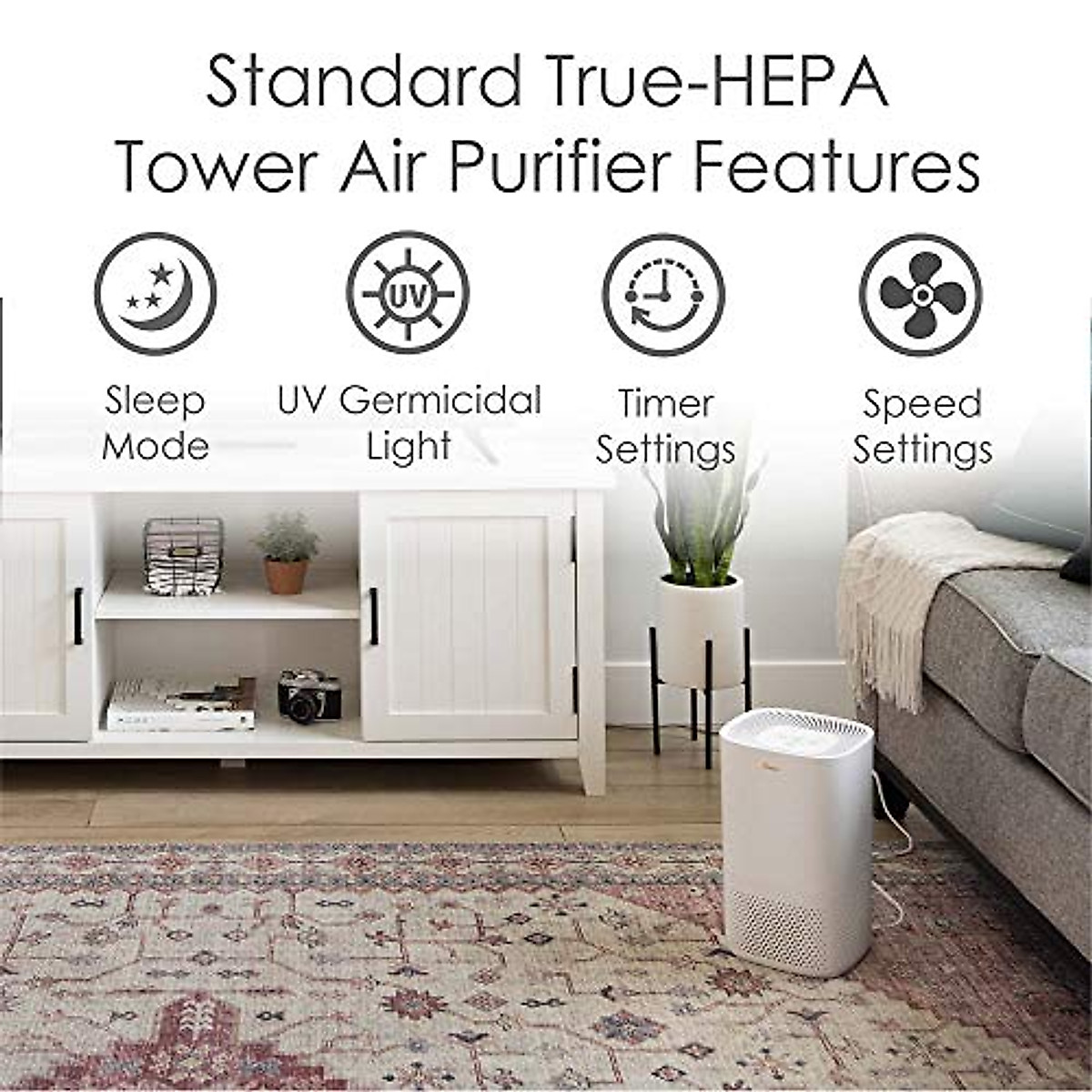Crane Air Purifier with True HEPA Filter, Germicidal UV Light, 250 Sq Feet Coverage, Timer Function, Sleep Mode, Washable Particle Filter, EE-5067