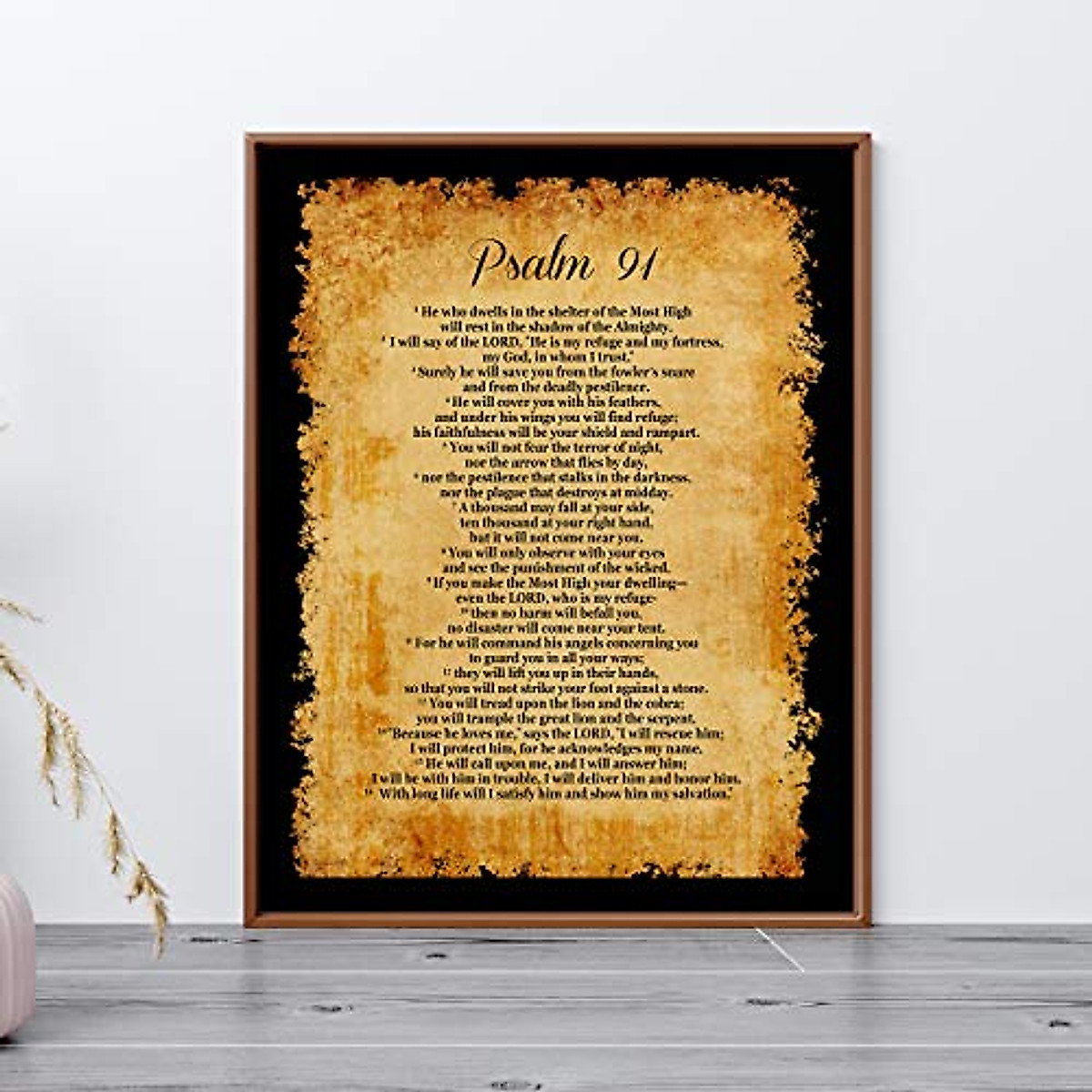 Psalm 91-"He Will Call Upon Me and I Will Answer Him" Bible Verse Wall Print-11 x 14" -Ready To Frame. Inspirational Scripture Print w/Replica Weathered Scroll Design. Ideal Home-Office-Church Décor.