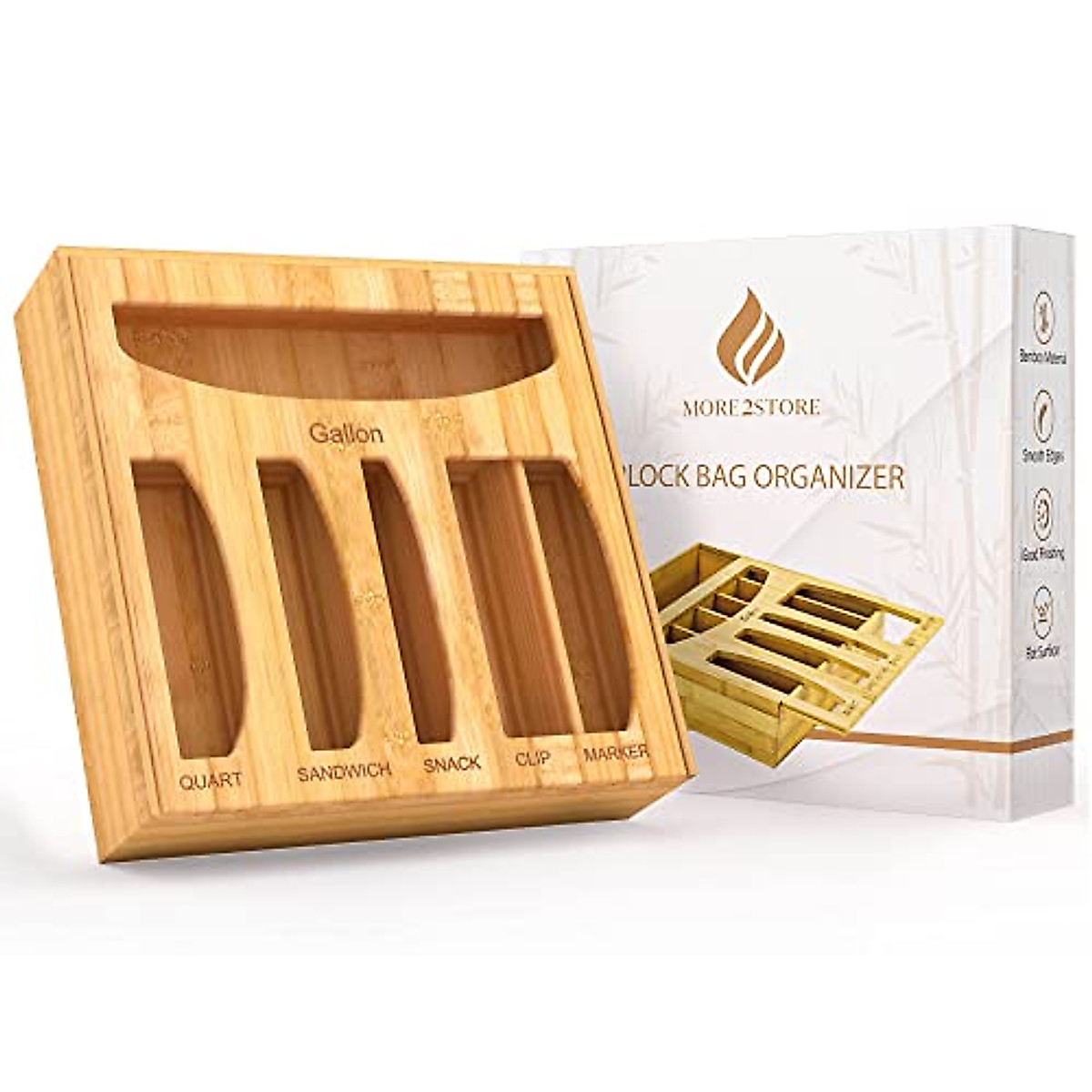 More2Store Ziplock Bag Storage Organizer Bamboo 6 in 1 Food Baggie Dispenser for Kitchen Drawer - Compatible with Gallon, Quart, Sandwich, Snack, Clip, and Marker