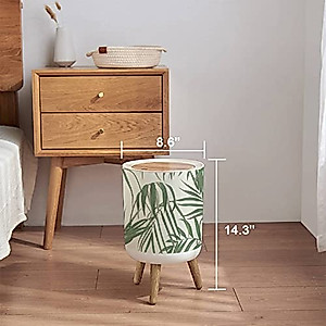 Trash Can with Lid Floral seamless green bamboo palm leaves on light brown pastel vintage theme Press Cover Small Garbage Bin Round with Wooden Legs Waste Basket for Bathroom Kitchen Bedroom 7L/1.8 Gallon