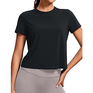 CRZ YOGA Women's Pima Cotton Short Sleeve Crop Tops High Neck Cropped Workout Tops Yoga Athletic Shirts Casual T-Shirt Black X-Small