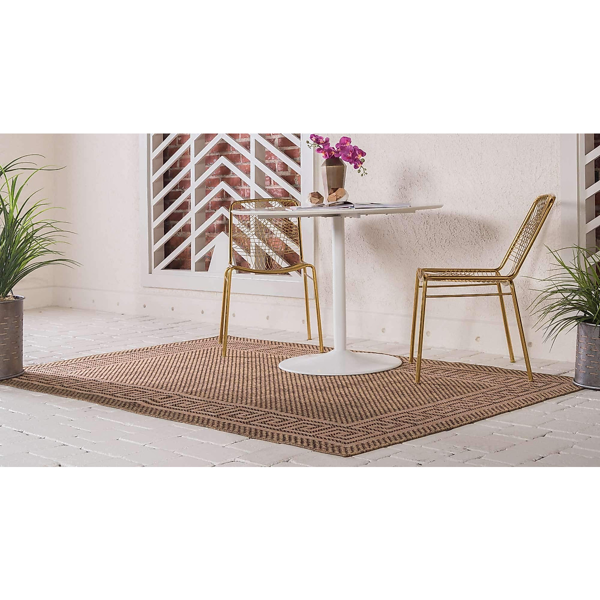 Unique Loom Outdoor Border Collection Area Rug - Greek Key (7' 1" x 10' Rectangle, Brown/ Light Brown)