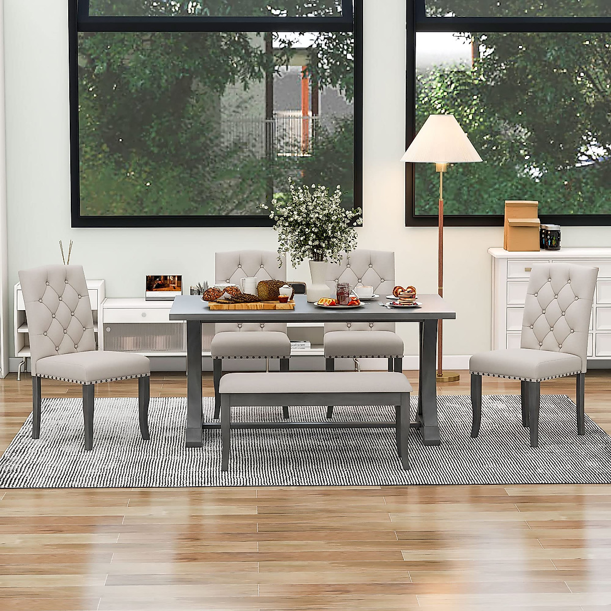 RUNWON Farmhouse Solid Wood 6-Piece Dining Set with Rectangular Trestle Table and 4 Upholstered Chairs & Bench, Gray