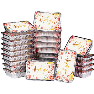 50 Pack Aluminum Pans with Lids Foil Pans with Covers Printed Thank You Floral Disposable Cookie Tins Trays Containers for Baking Cooking Heating Storing Food Prepping Leftovers, 8.3 x 5.5 x 1.8 Inch