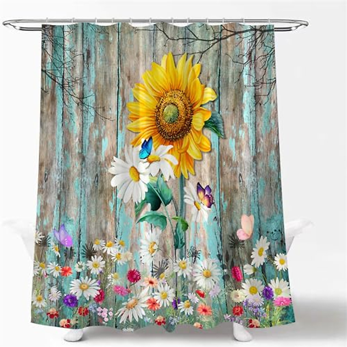 JOFKAXU Rustic Sunflower Shower Curtain Vintage Barn Door Floral Plant Flower Butterfly Farmhouse Retro Teal Wooden Board Country Bath Curtain with Hook