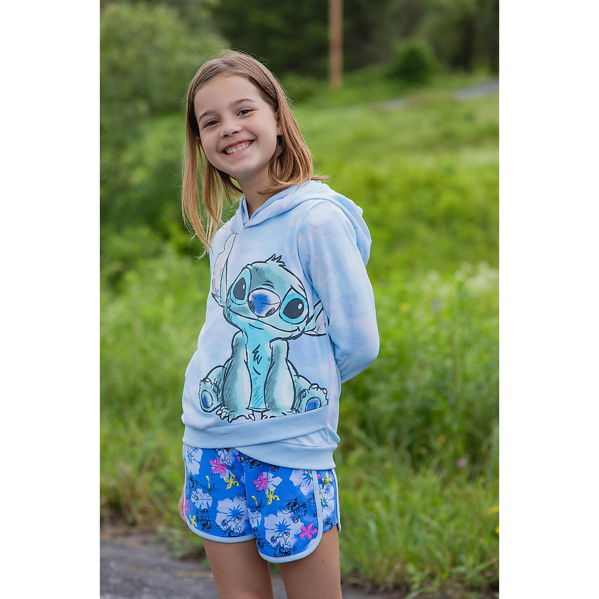 Disney Lilo & Stitch Little Girls French Terry Pullover Crossover Hoodie Tie Dye Blue 7-8