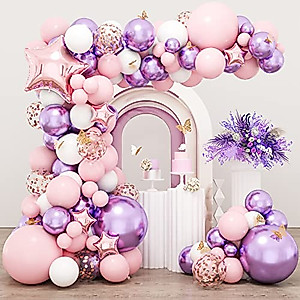 RUBFAC 176pcs Pink Balloon Garland, Purple Baby Shower Decorations for Girl with Butterfly Decorations Foil Balloons for Birthday Party Bridal Shower Bachelorette Engagement Decoration