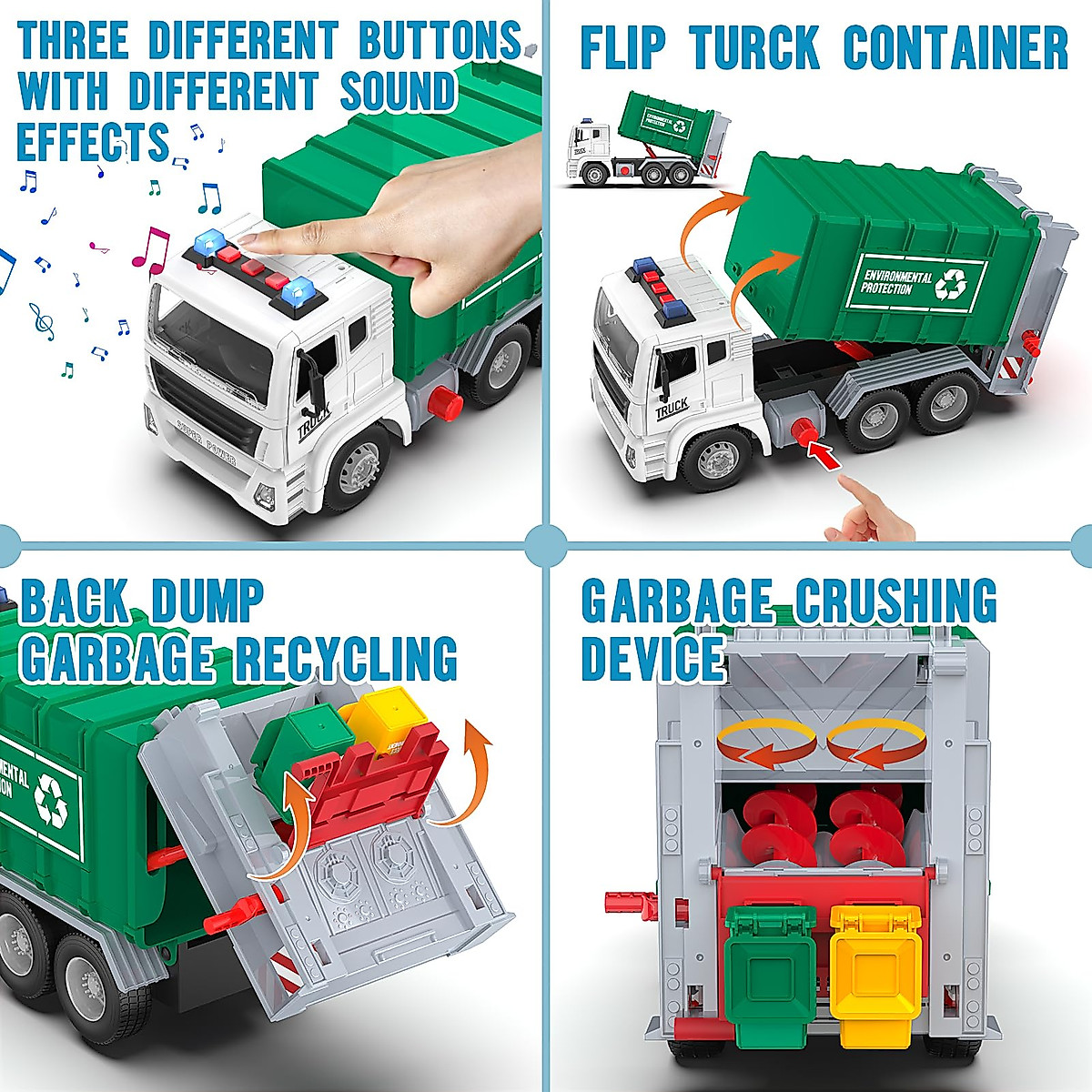 Moritakk 15.5" Large Garbage Truck Toys for 3 4 5 6 7 8 Year Old Boys,Back Dump Garbage Recycling Garbage Truck Toy with 4 Rear Loader Trash Cans,Christmas Birthday Sound Gift for Kids 3+