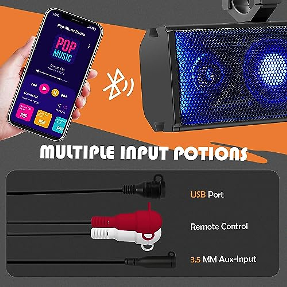 purevox UTV Sound Bar 16 Inch 4-Speaker ATV SoundBar UTV Sound System SXS Speakers Waterproof Bluetooth Connectivity with Multicolor LED Lighting for UTV ATV Golf Cart Marine Boat