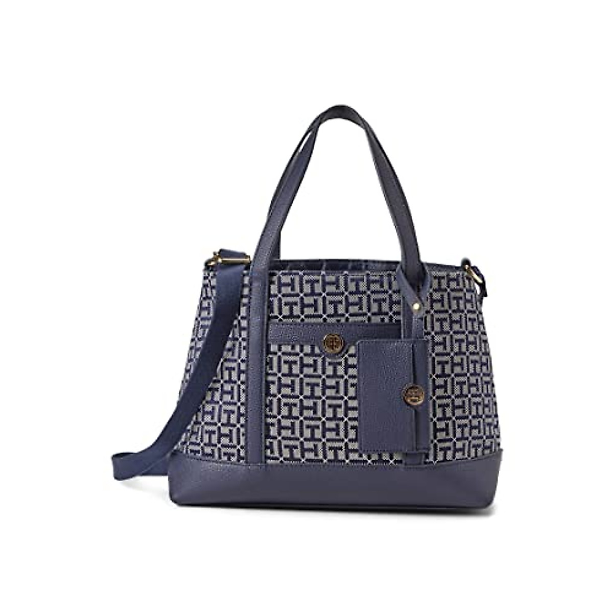 Tommy Hilfiger Gretta II Convertible Satchel with Hangoff Square Monogram Jacquard Stone/Navy One Size