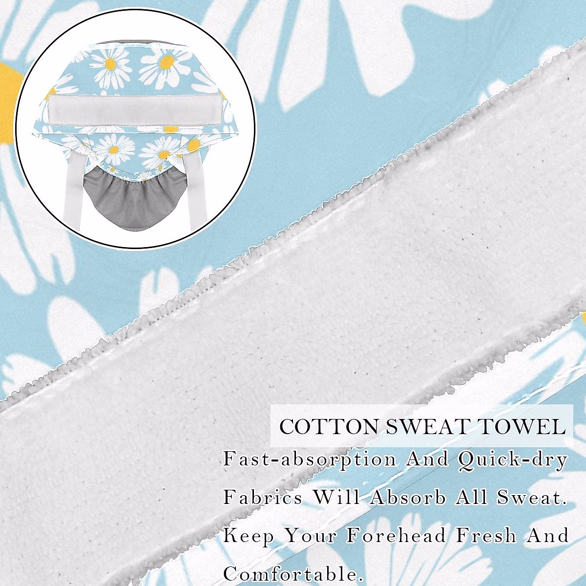 Mersov Little Daisy White Flowers Light Blue Working Cap with Button & Sweatband, 2 Packs Reusable Surgical Surgery Hats Ponytail Holder, Light Blue,white, Medium-3X-Large
