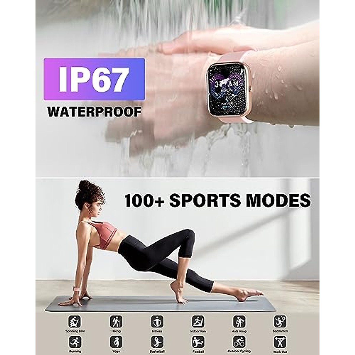 Vikie Smart Watch, Call Function, 2.0" Screen, IP67 Waterproof Smartwatch for iPhone & Android Phones with Bluetooth, Voice Assistant, Heart Rate/Blood Oxygen Monitor Fit Tracker for Women Men (Pink)