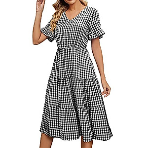 New Pleated Wrap Lace Up Short Sleeve Square Collar Long Plaid Dress Black
