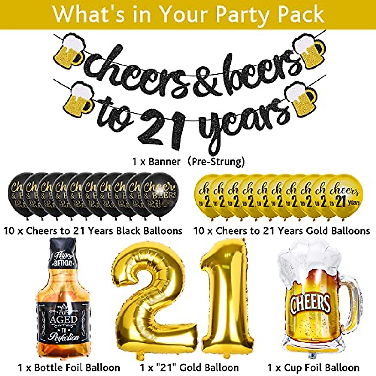 21th Birthday Decorations, 21 Years Anniversary Decorations for Men Women, Cheers to 21 Years Banner, 32 Inch Number 21 Gold Foil Balloon, 21 Sign Latex Balloon, Cheers Cup Foil Balloon