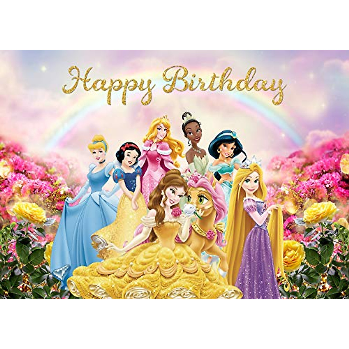 Betta Princess Happy Birthday Backdrop Colorful Rainbow Flowers Photo Backdrop Cartoon Fairy Tale Little Girl Princess Birthday Party Background Multicolor Glitter Photography Background 7x5ft