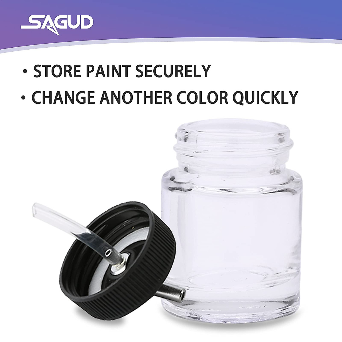 SAGUD 10pcs Glass Airbrush Bottles Kit 18cc (2/3 Ounce) Airbrush jar with 10pcs Adapter Cap Covers Set and 60° Down Angle Adaptor Lid,Fits Single Action Siphon Feed Airbrushes