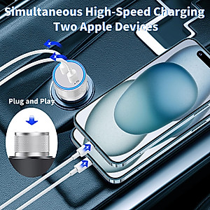 [Apple MFi Certified] iPhone 15 Car Charger Fast Charging, Rombica 72W Dual Type-C Power Cigarette Lighter Charger+USB-C Cable&Lightning Cable for iPhone 15 Plus/15 Pro/15 Pro Max/14/13/12/11/XS/iPad