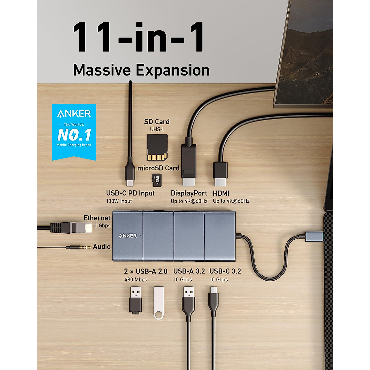 Anker USB C Hub, 565 11-in-1 Laptop Docking station, Dual Monitor Docking Station with 10 Gbps Data Port, 4K HDMI and DisplayPort, 100W Power Delivery, 1 Gbps Ethernet, SD Card Reader for XPS and More