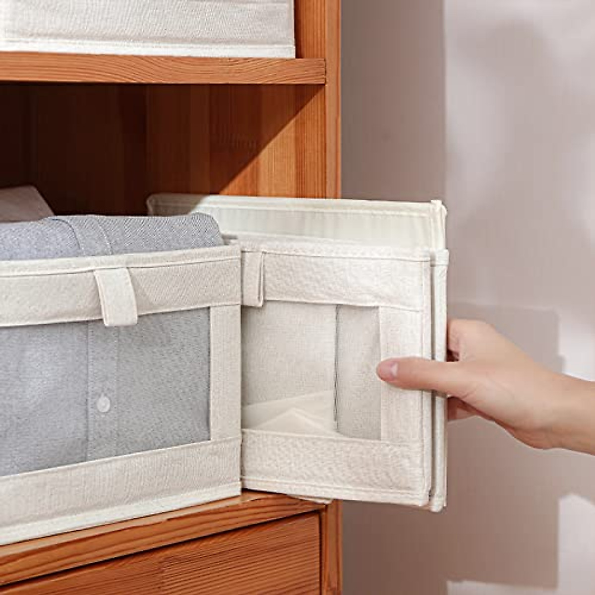 LaMorée Fabric Storage Bin Box Rectangular Cotton Linen Storage Basket Cube with Thick PP Board Clear Mesh Window Foldable Decorative Nursery Home Office Organizer Container – Beige, Large