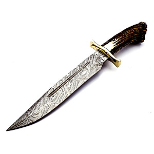 Skokie Knives Damascus Steel Bowie Knife Bull Horn Handle with & Brass Guard –16” Handmade Premium Quality Sharp Edge Fix Blade -Genuine Multipurpose Knife Ideal for Hunting, Camping (Stage B)
