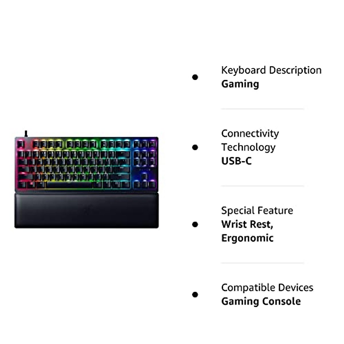 Razer Huntsman V2 TKL Tenkeyless USB-C Gaming Keyboard: Fastest Linear Optical Switches Gen2 w/ Sound Dampeners & 8000Hz Polling Rate - Detachable TypeC Cable - Doubleshot PBT Keycaps (Renewed)