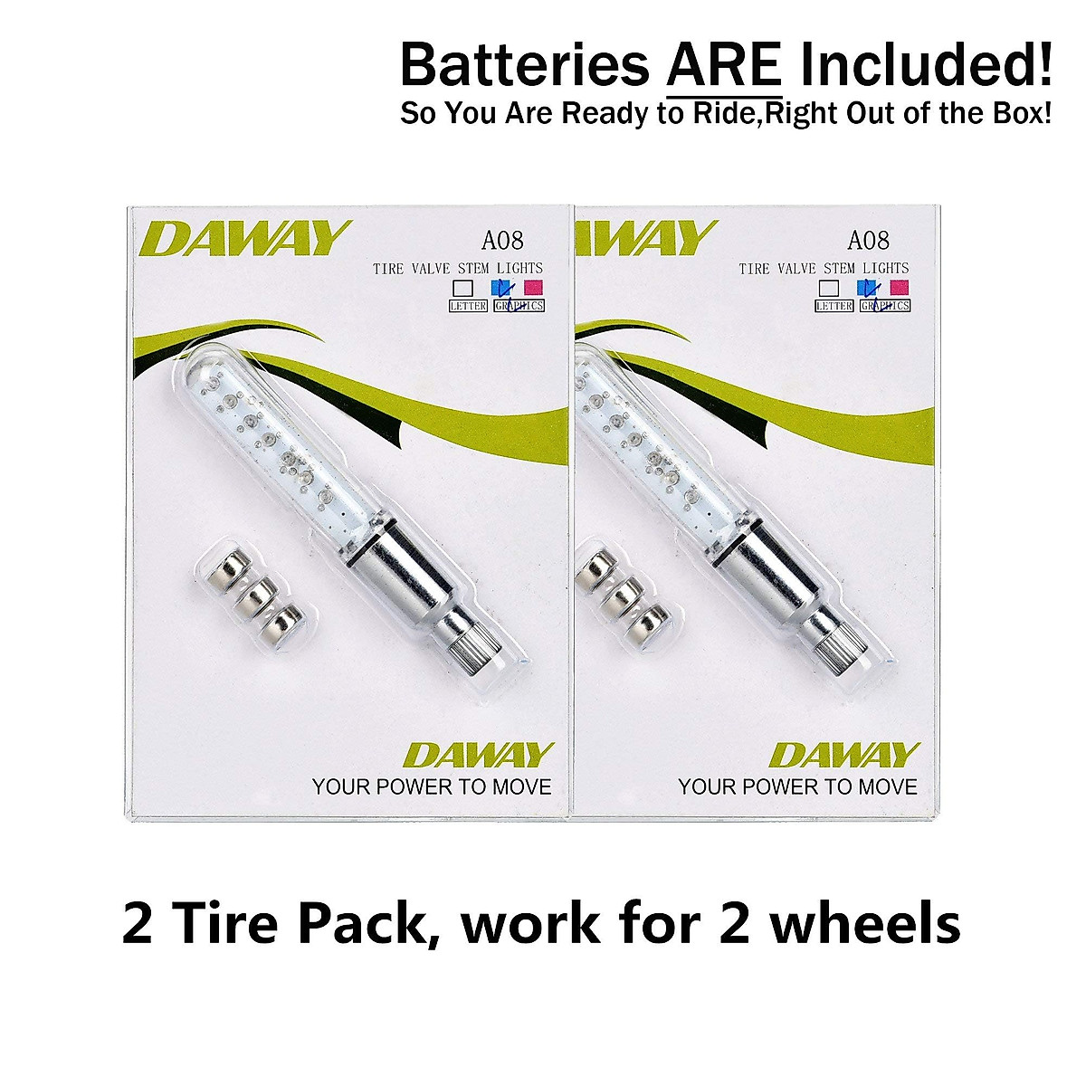 DAWAY A08 Bike Wheel Lights - Led Bicycle Tire Valve Stem Light, 2 Pack, Waterproof Neon Flashing Bycicle Lamp, Cool Safety Accessories for Boys, Kids, Adults, Motion Activated, White Graphics