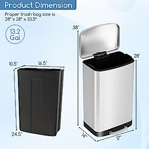 Goplus 13.2 Gallon/ 50 Liter Trash Can, Stainless Steel Garbage Can with Lock Device & Foot Pedal, Stay Open Trash Bin w/Soft Closing Lid, Hand-Free Step Garbage Bin for Kitchen Home Office, Silver