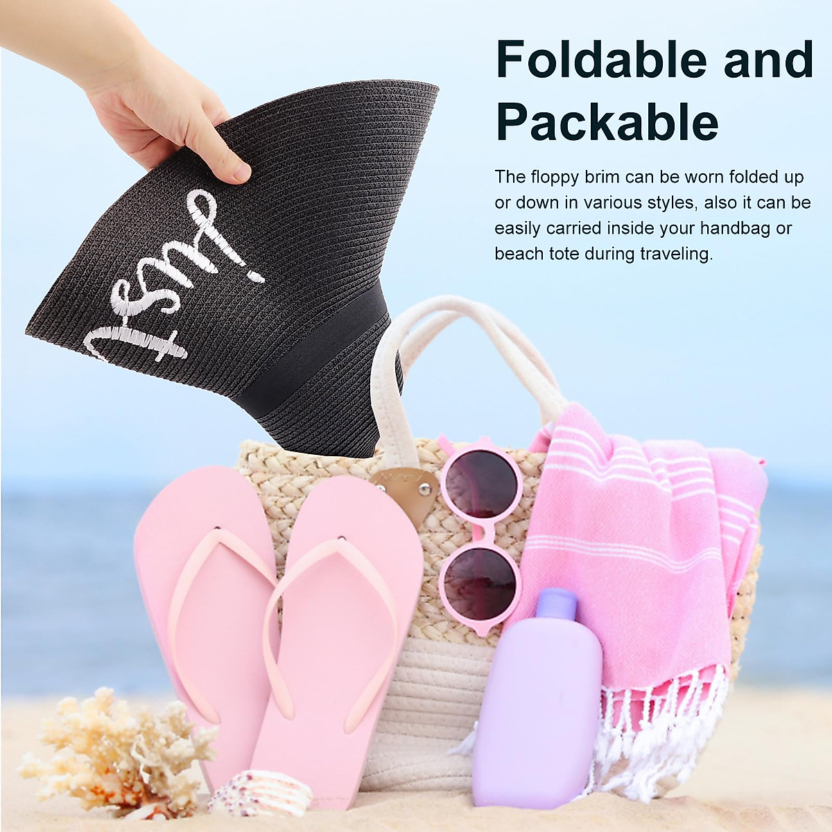 Womens Big Bowknot Straw Hat Floppy Foldable Roll up Beach Cap Sun Hat UPF 50+