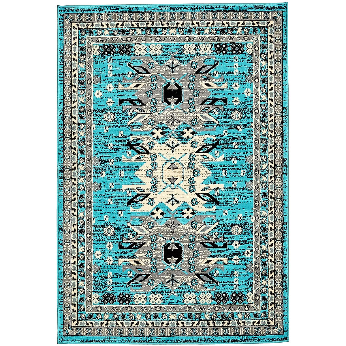 Unique Loom Taftan Collection Border Geometric Tribal Inspired Design Area Rug, 4 ft x 6 ft, Turquoise/Gray