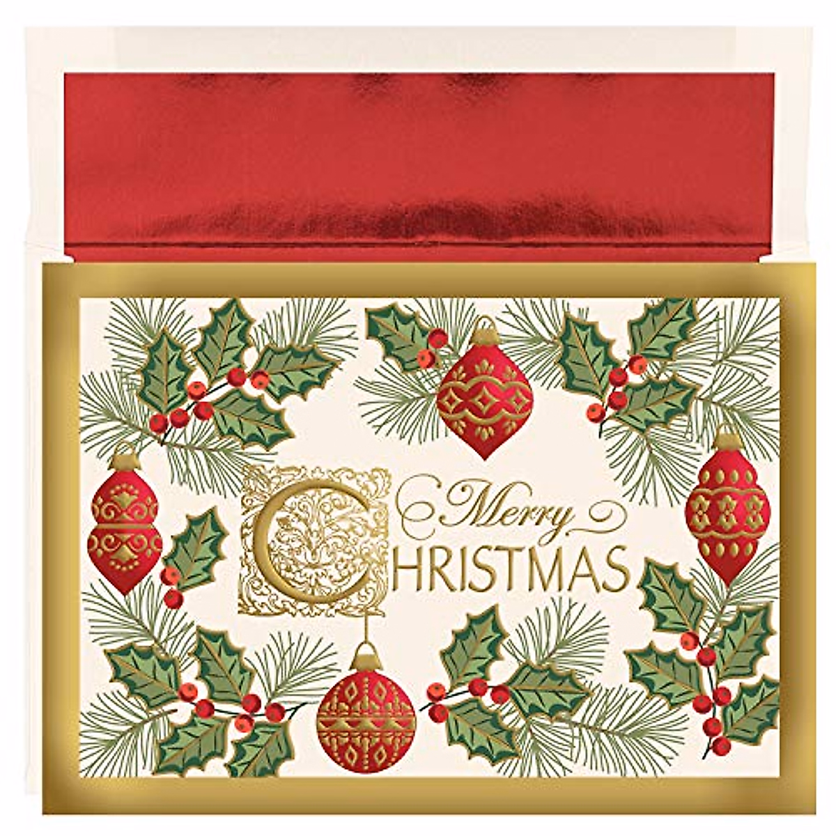 Masterpiece Studios Holiday Collection Premium 15-Count Boxed Embossed Christmas Cards with Foil-Lined Envelopes, 7.8" x 5.6", Antique Christmas (898700)
