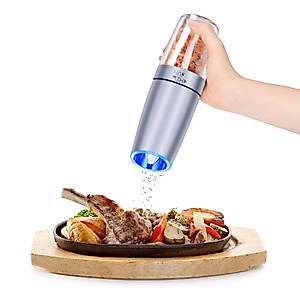 Gravity Salt and Pepper Grinder Set with Adjustable Coarseness Automatic Pepper and Salt Mill Set Battery Powered with Blue LED Light,One Hand Operated,Brushed Stainless Steel by CHEW FUN