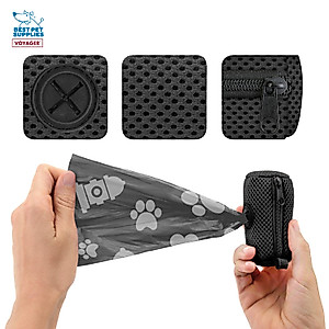 Best Pet Supplies Dog Poop Bag Holder Leash Attachment with 15 Bags, Black, Reusable Mesh Dispenser Pouch for Travel, Walking, Park, and Outdoor Use, Soft and Durable with Clip-On